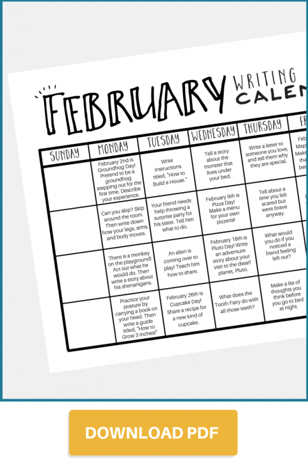 February Writing Prompt Calendar - The Homeschool Resource Room